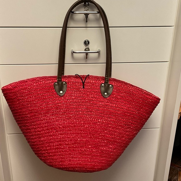 Bags | Straw Tote Bag Red With Brown Handles | Poshmark